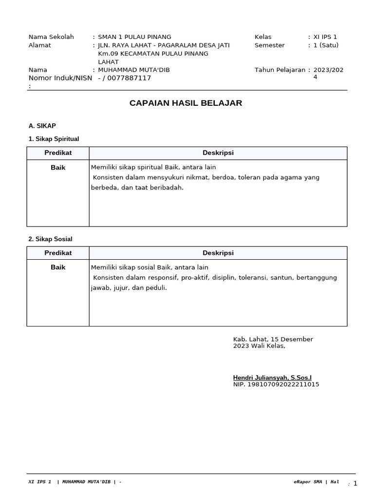 Rapor Muhammad Muta'Dib 20231 | PDF