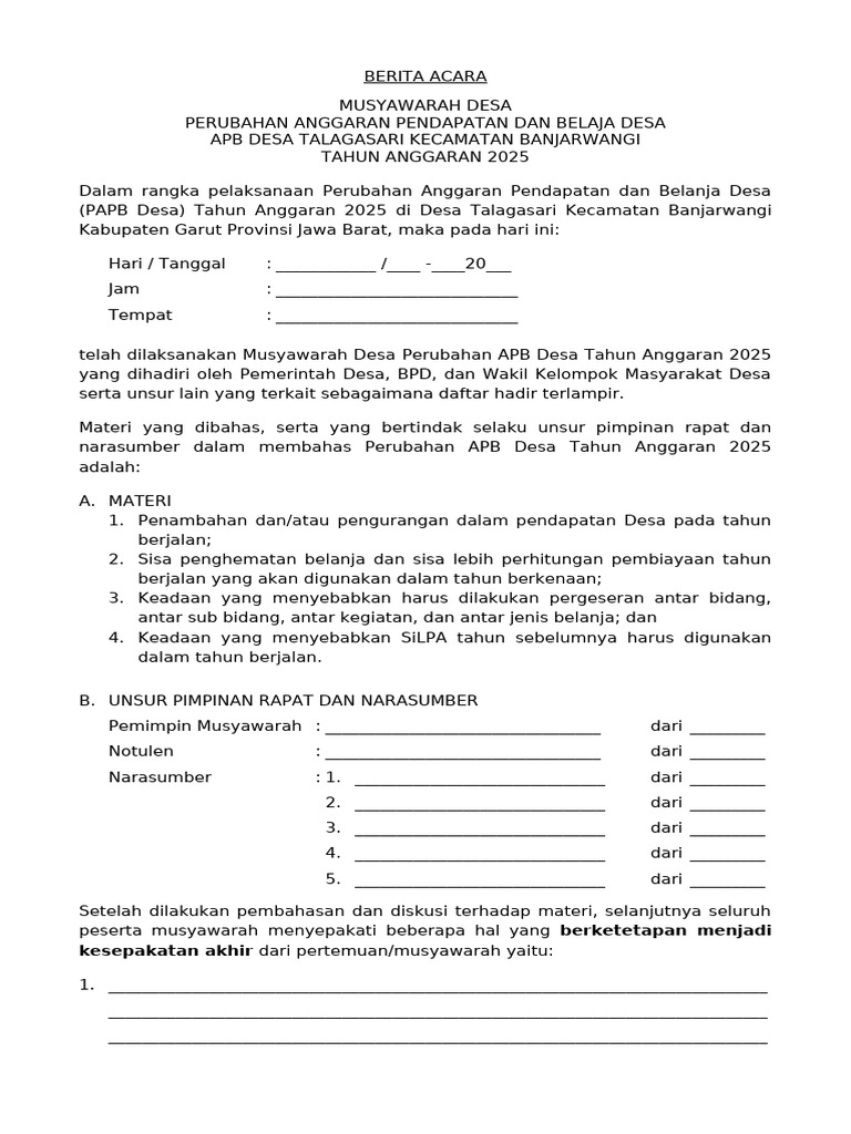 Berita Acara Perubahan APBDes | PDF