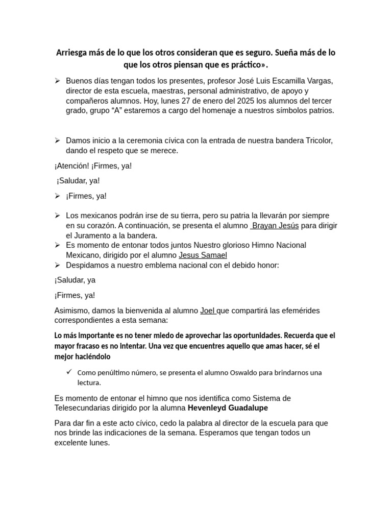 Programa para La Ceremonia de Honores A La Bandera | PDF | Ira