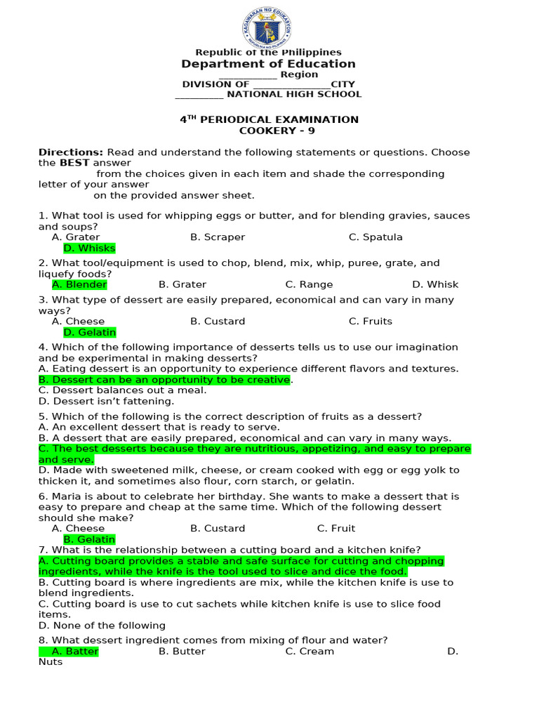Cookery 9 Periodical Exam Guide | PDF | Desserts | Cakes
