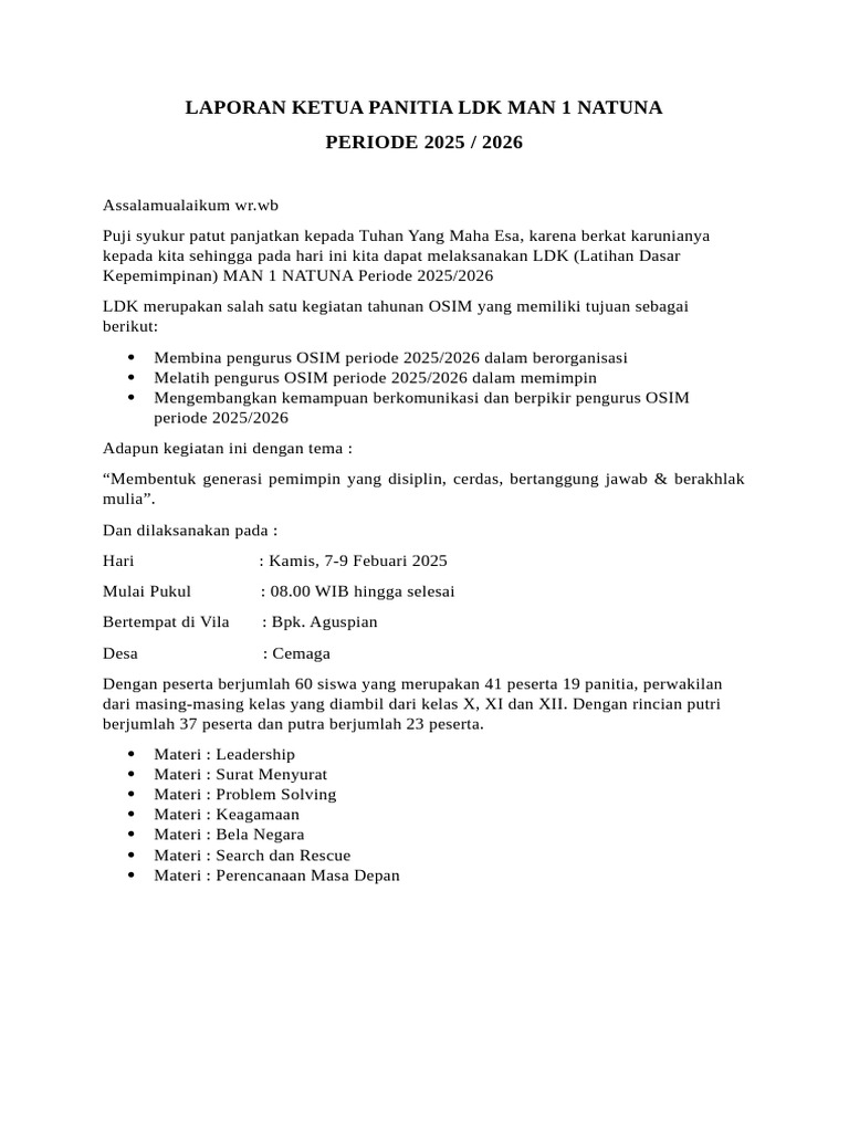 Surat Laporan Ketua Panitia LDK MAN 1 Natuna | PDF