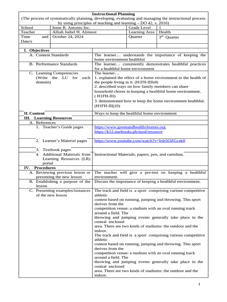Healthful Home Environment Lesson Plan | PDF | Learning | Track And Field
