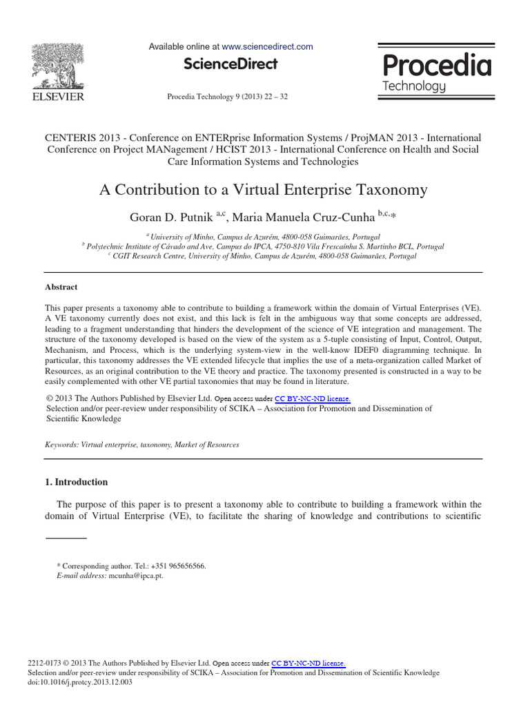 A Contribution To A Virtual Enterprise Taxonomy 2013 Procedia Technology | PDF | System | Business