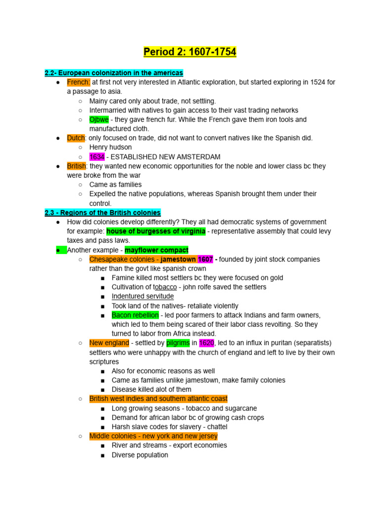 APUSH Unit Lesson 2.1-2.2 Notes | PDF | Slavery | British Empire
