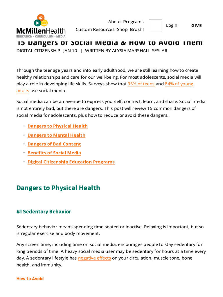 15 Social Media Dangers for Teens | PDF | Sedentary Lifestyle | Social ...