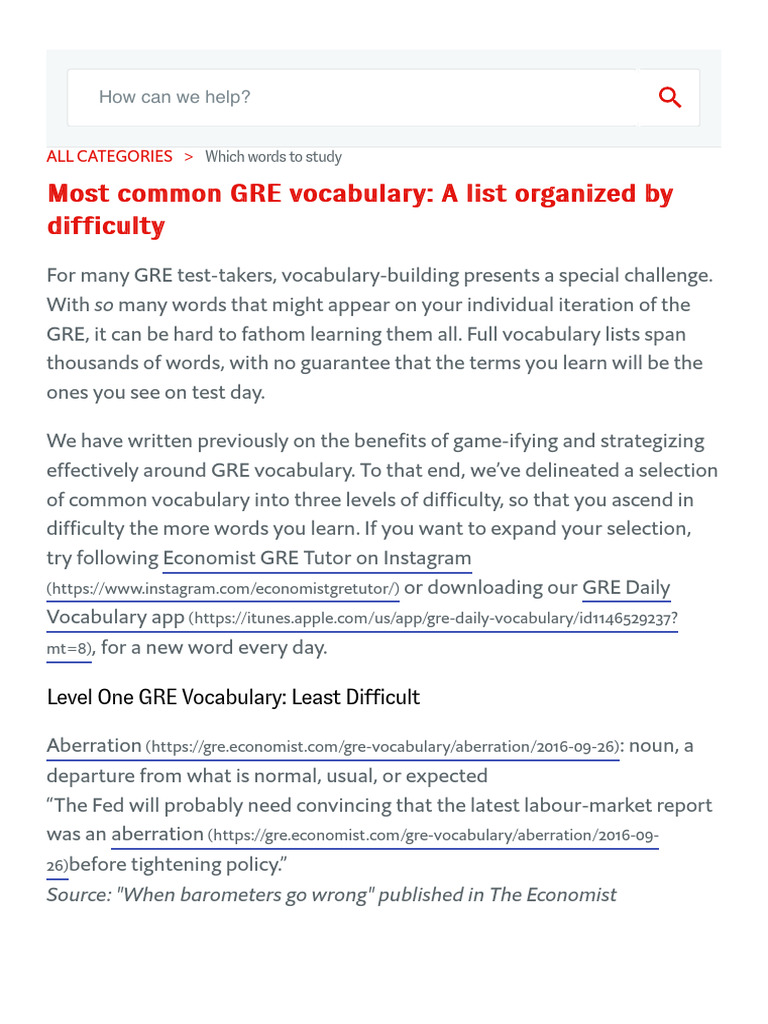 Most Common GRE Vocabulary- A List Organized by Difficulty | PDF