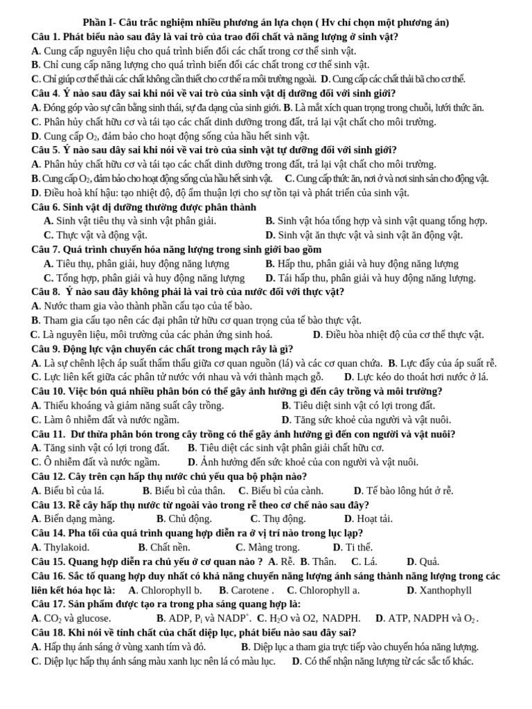 Ôn Tập Kiểm Tra hk1 Sinh 11 Phần TN 1 Lựa Chọn | PDF