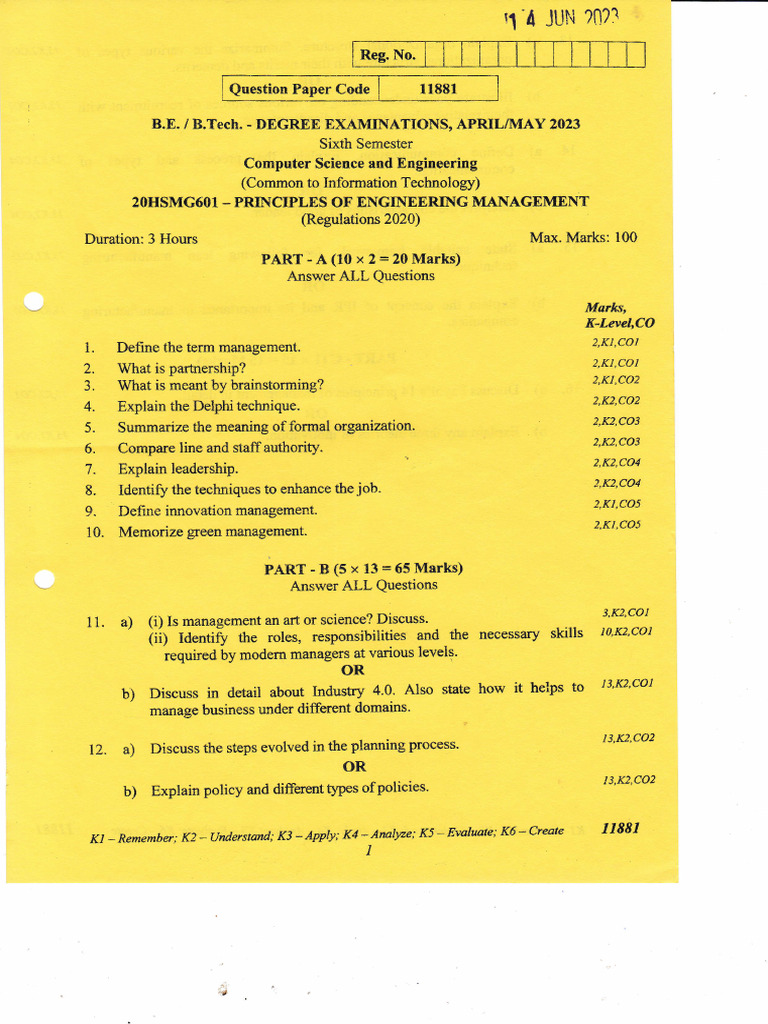 Engineering Management Exam Paper 2023 | PDF | Leadership ...