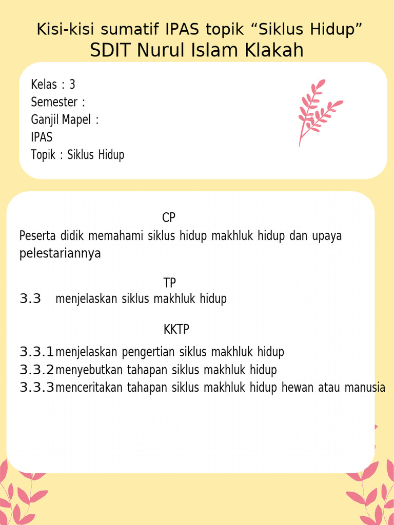 Kisi Ipas Topik Siklus Hidup Kelas 3 | PDF