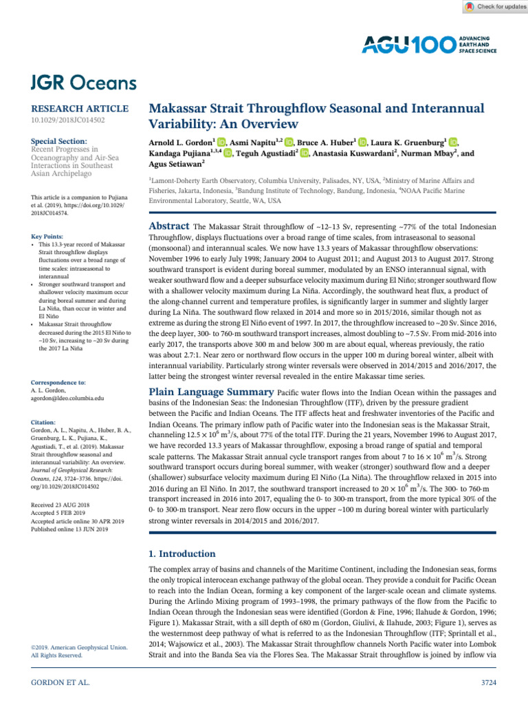 JGR Oceans - 2019 - Gordon - Makassar Strait Throughflow Seasonal and Interannual Variability An ...