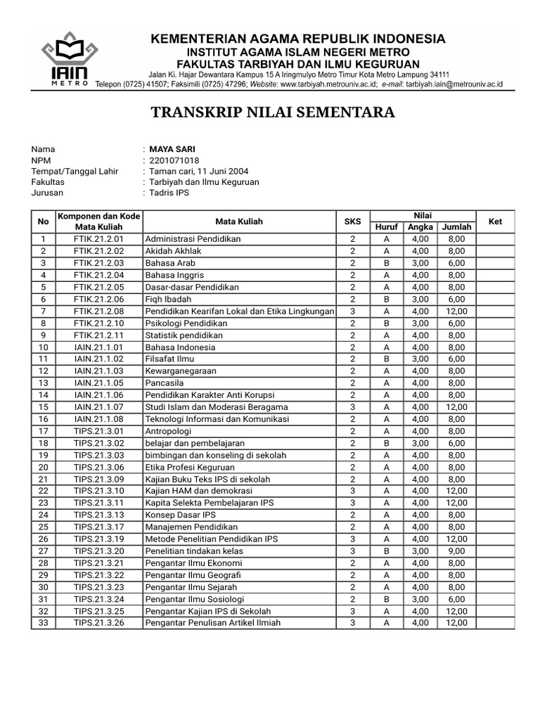 Cetak Transkrip Nilai Sementara | PDF