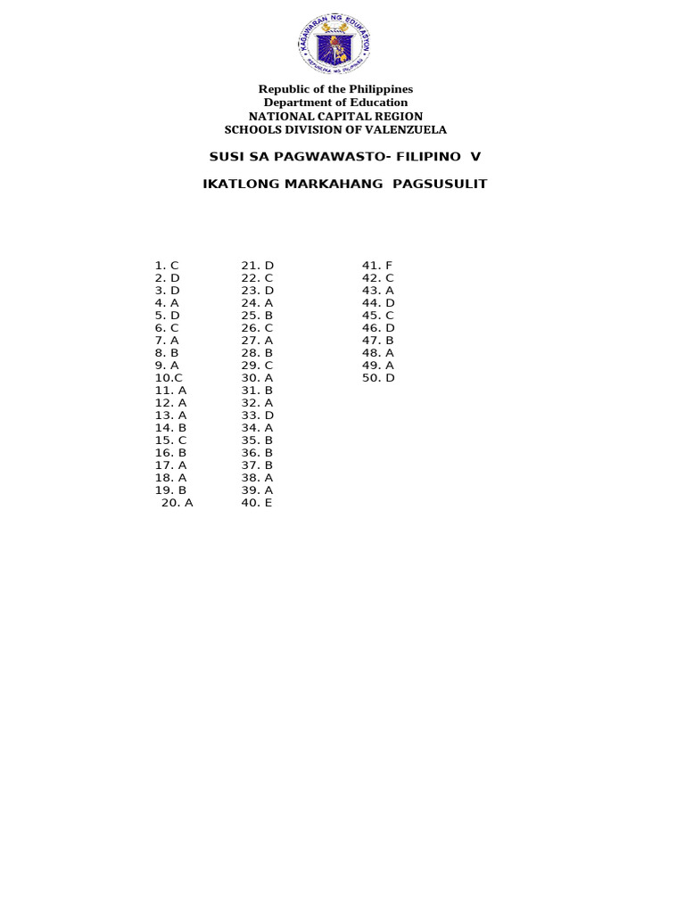 ANSWER KEY FILIPINO 5 3RD QUARTER. Edited | PDF