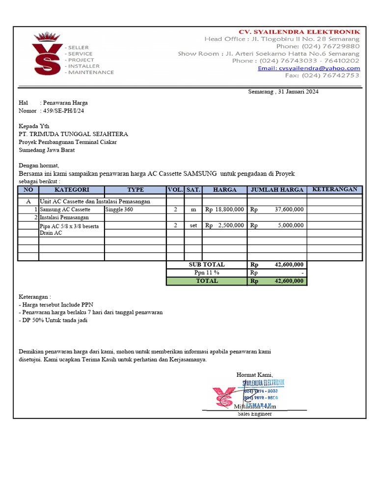 Penawaran Harga AC untuk Terminal Ciakar | PDF