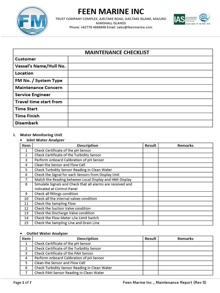 Maintenance Checklist | PDF | Valve | Pump