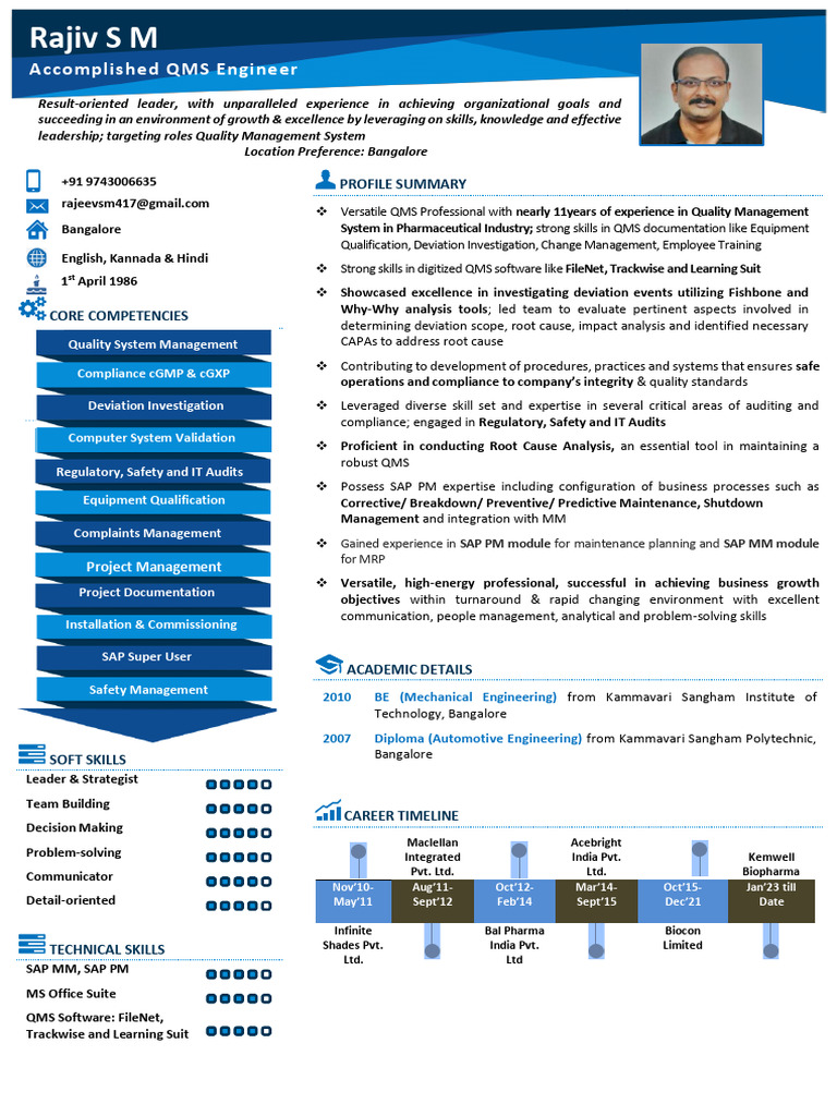 Rajiv S M resume 11yr QMSb | PDF | Quality Management System | Audit