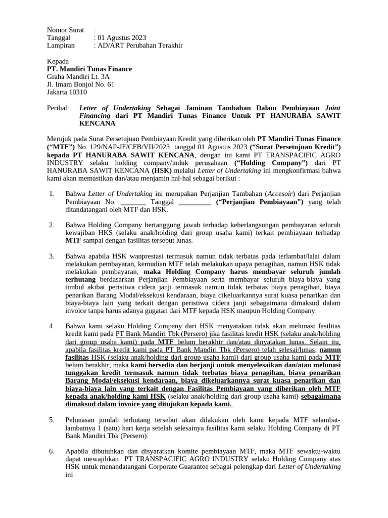 Letter of Undertaking JF Commercial | PDF