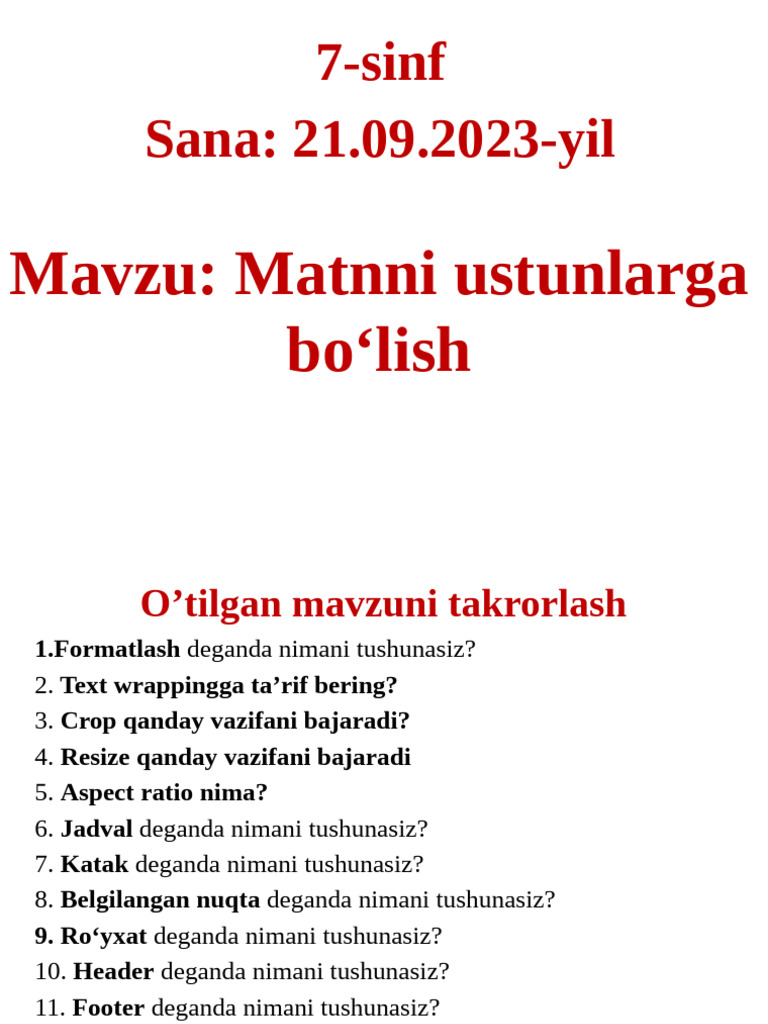 7 Sinf 6 Mavzu Matnni Ustunlarga Bo‘Lish | PDF