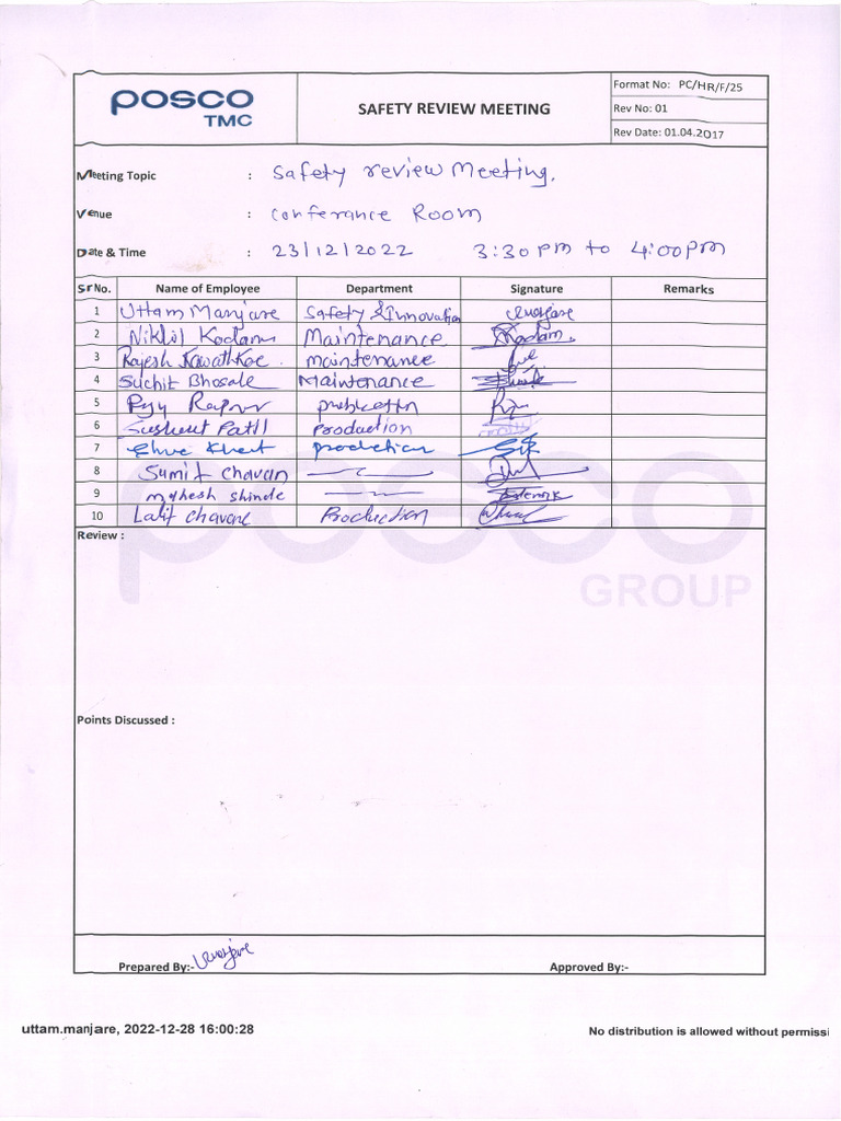 Attendance - Safety Review Meeting | PDF