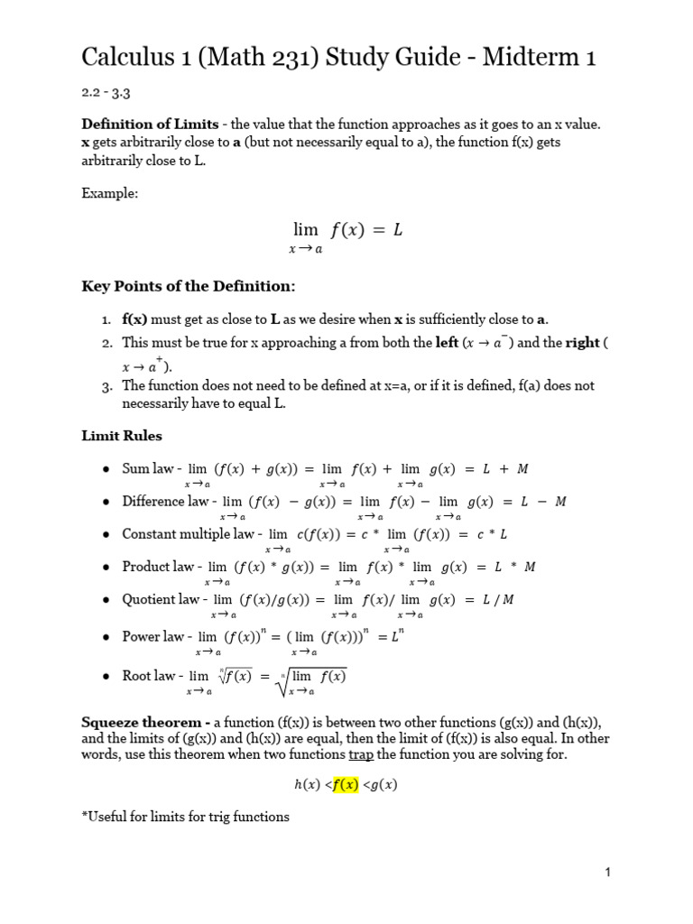 Calculus 1 (Math 231) Study Guide - Midterm 1 | PDF | Function ...
