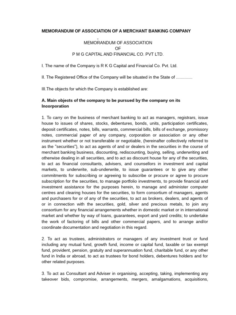 Memorandum of Association of A Merchant Banking Company | PDF ...
