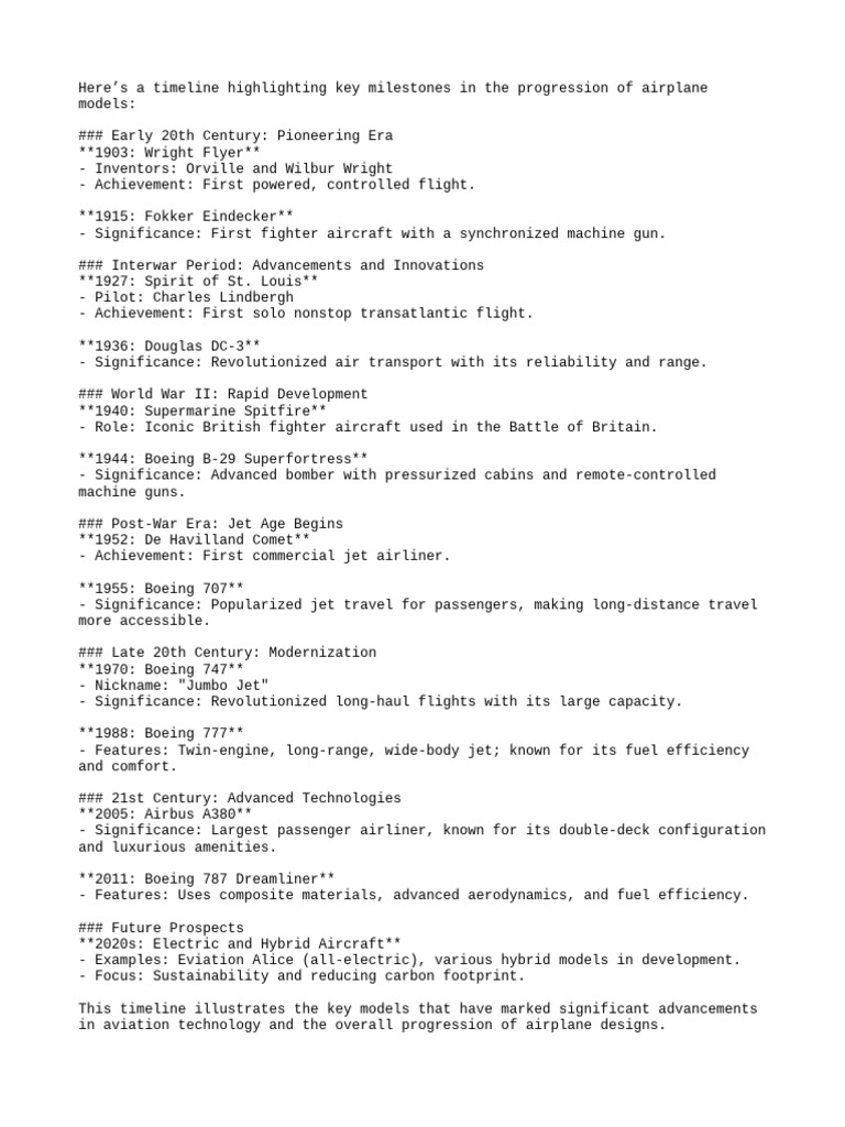 Timeline of Progression of Airplanes | PDF