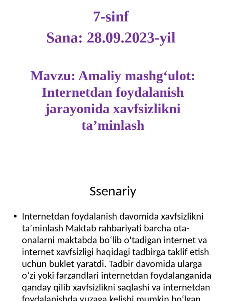 7 Sinf 8 Mavzu Amaliy Mashg Ulot Internetdan Foydalanish Jarayonida | PDF