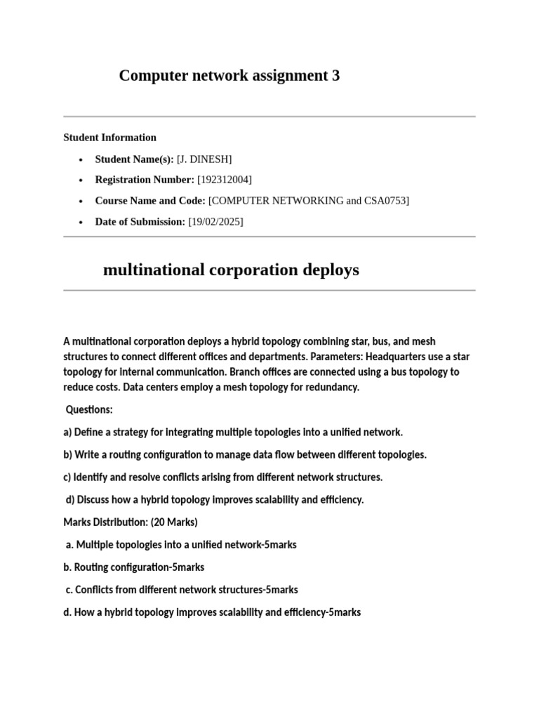 Computer_network_assignment_3_DINESH(192312004)[1] | PDF | Computer Network | Network Topology