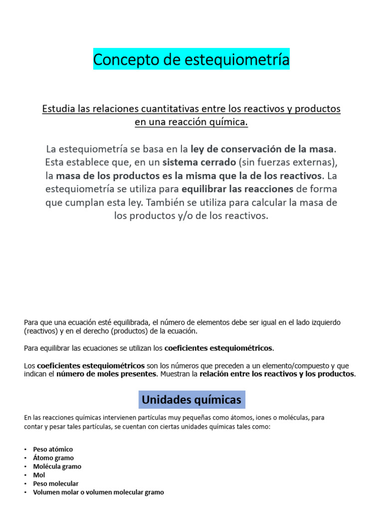 Concepto de Estequiometría, Unidades Químicas y Cálculos Químicos | PDF ...