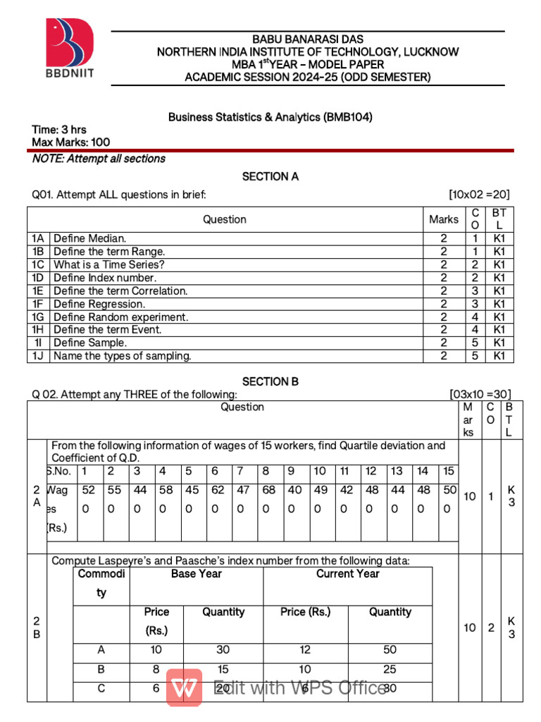MBA 1st Sem Business Statistics Paper | PDF | P Value | Statistical ...