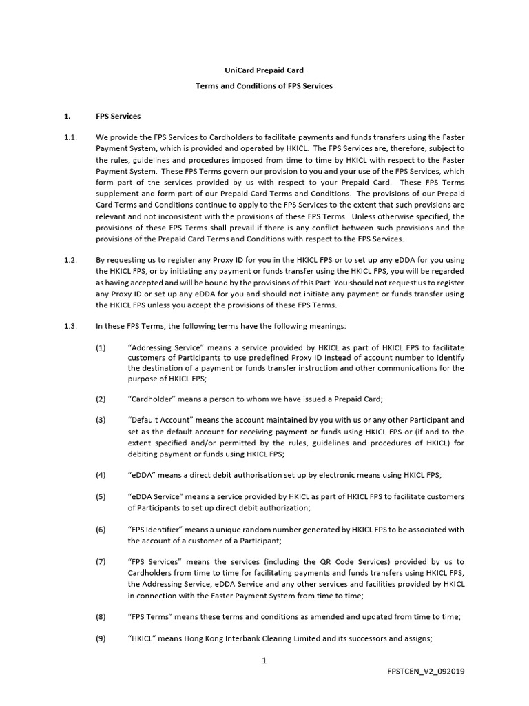 UniCard FPS Terms Conditions en | PDF | Debit Card | Indemnity