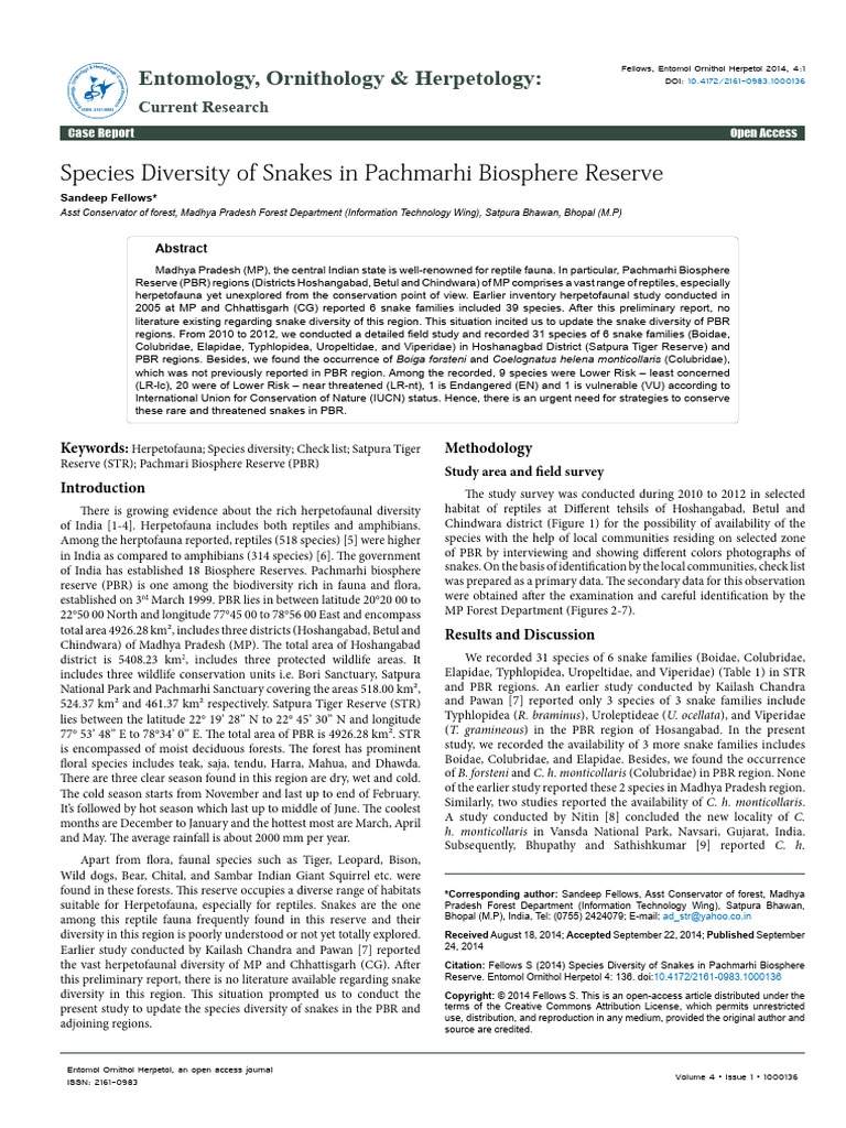 Species Diversity of Snakes in Pachmarhi Biosphere Reserve 2161 0983. ...