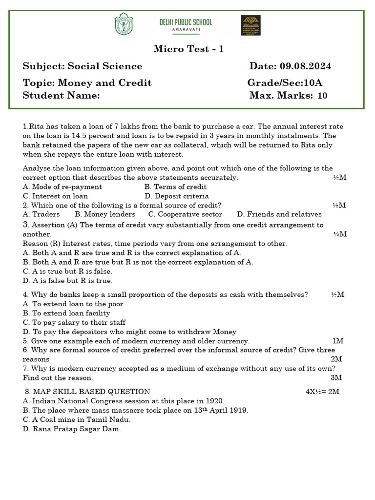 Micro Test - 1 Class - 10 A - Money and Credit | PDF | Finance & Money ...