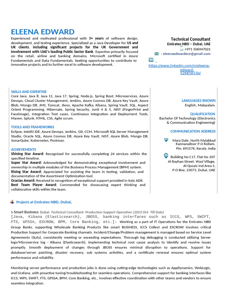 ELEENA EDWARD CV - Technical Consultant | PDF | Microsoft Azure | Business Process Management
