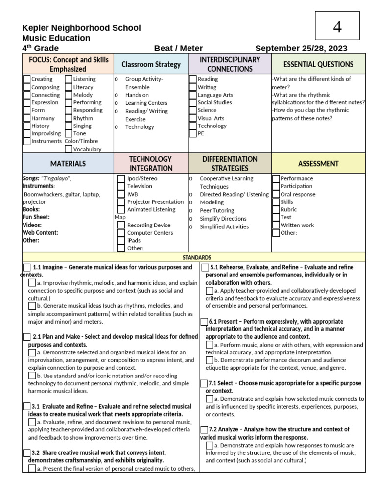 4th Grade Lesson Plan CHARTER | PDF | Rhythm | Musicology