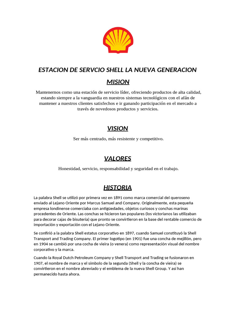 Estacion de Servcio Shell La Nueva Generacion Mision | PDF | Marketing ...