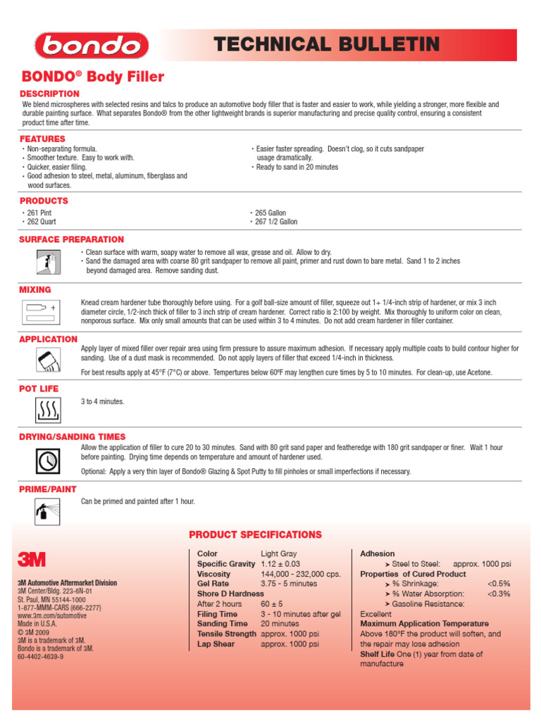 Bondo Body Filler Technical Data Sheet 60 4402 4639 9 | PDF