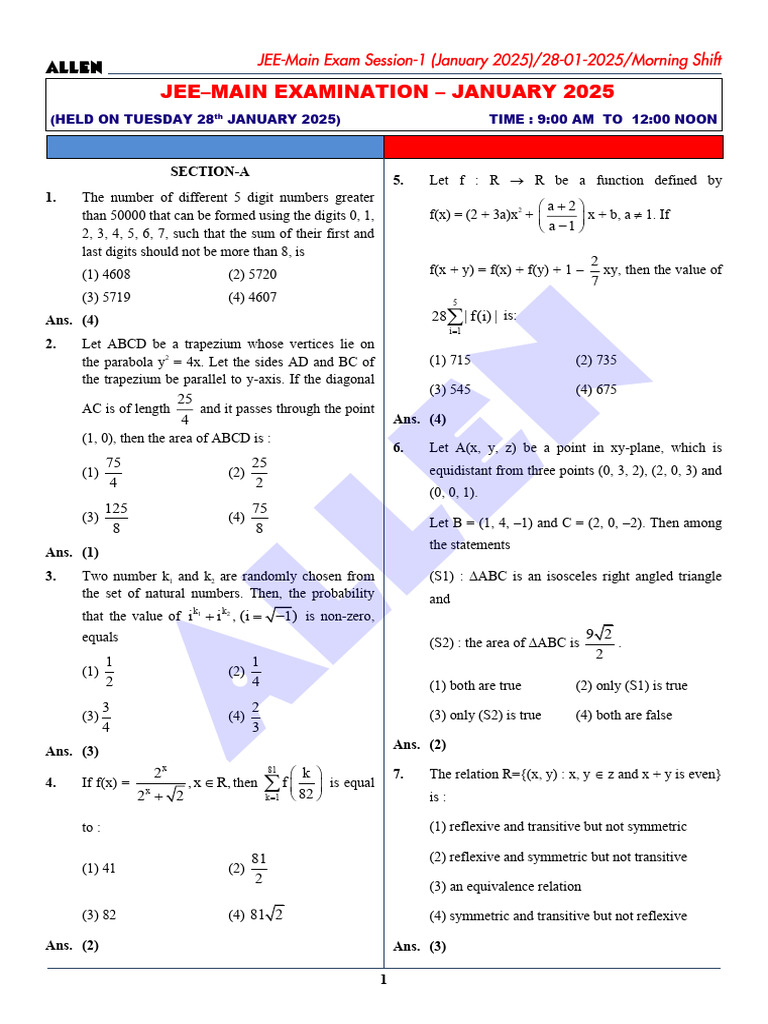 28 Jan Shift 1 Mathematics Ans | PDF | Triangle | Mathematics