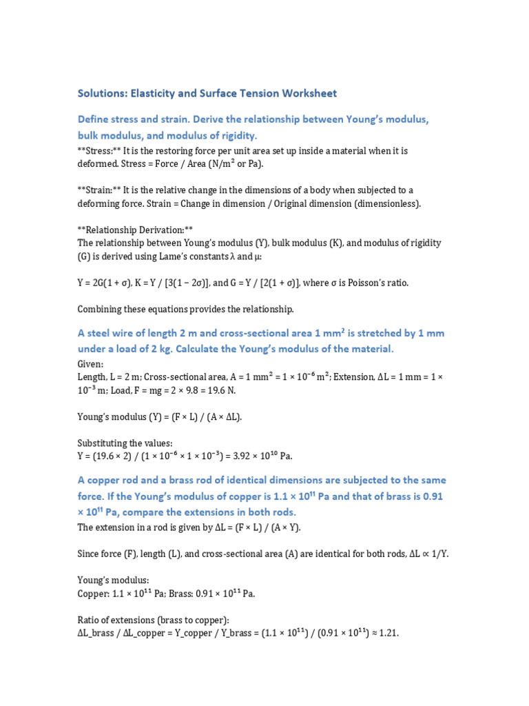Elasticity and Surface Tension Concepts | PDF | Young's Modulus ...