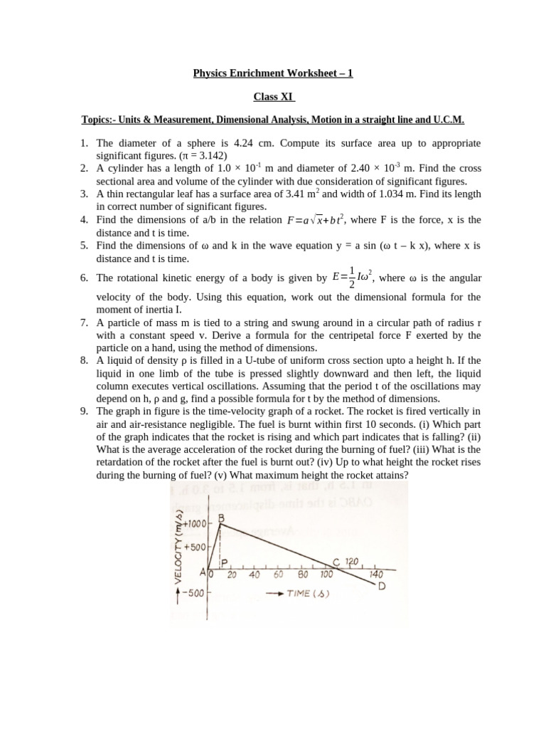 XI Worksheet - 1 Enrichment | PDF | Acceleration | Physical Quantities