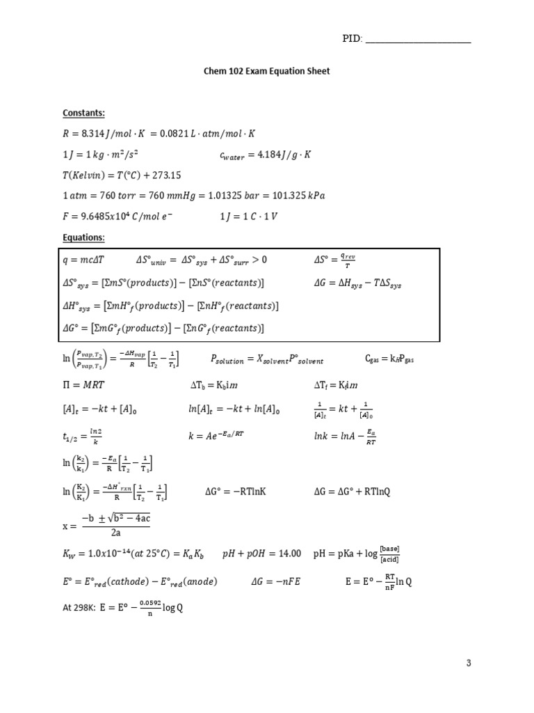 Exam 1 Equation Sheet | PDF