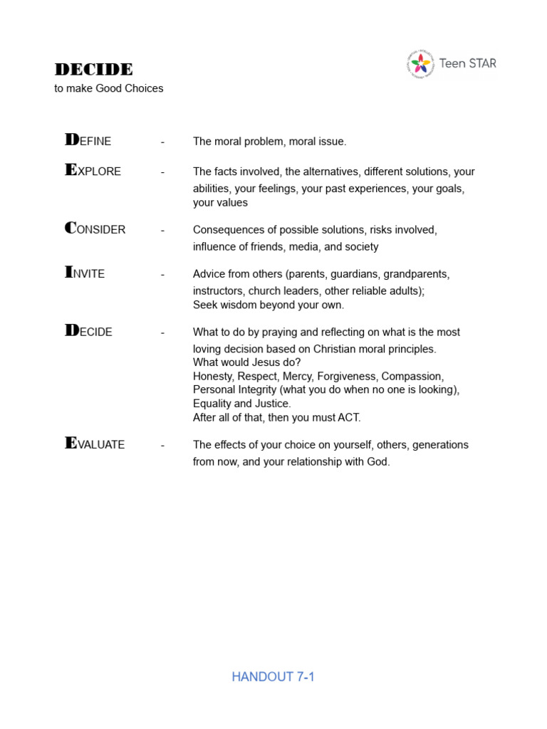 Handout 7-1 DECIDE To Make Good Choices | PDF
