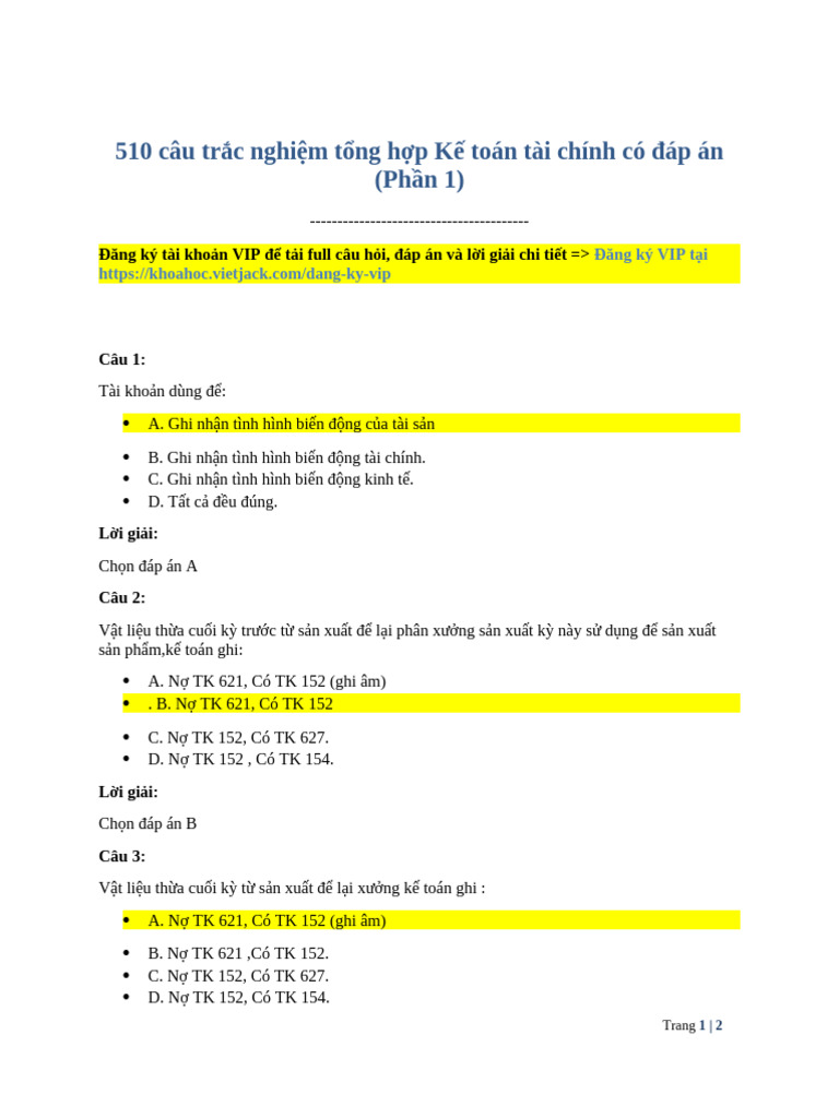 510 Cau Trac Nghiem Tong Hop Ke Toan Tai Chinh Co Dap An Phan 1 - 2025 - 02 - 16 | PDF