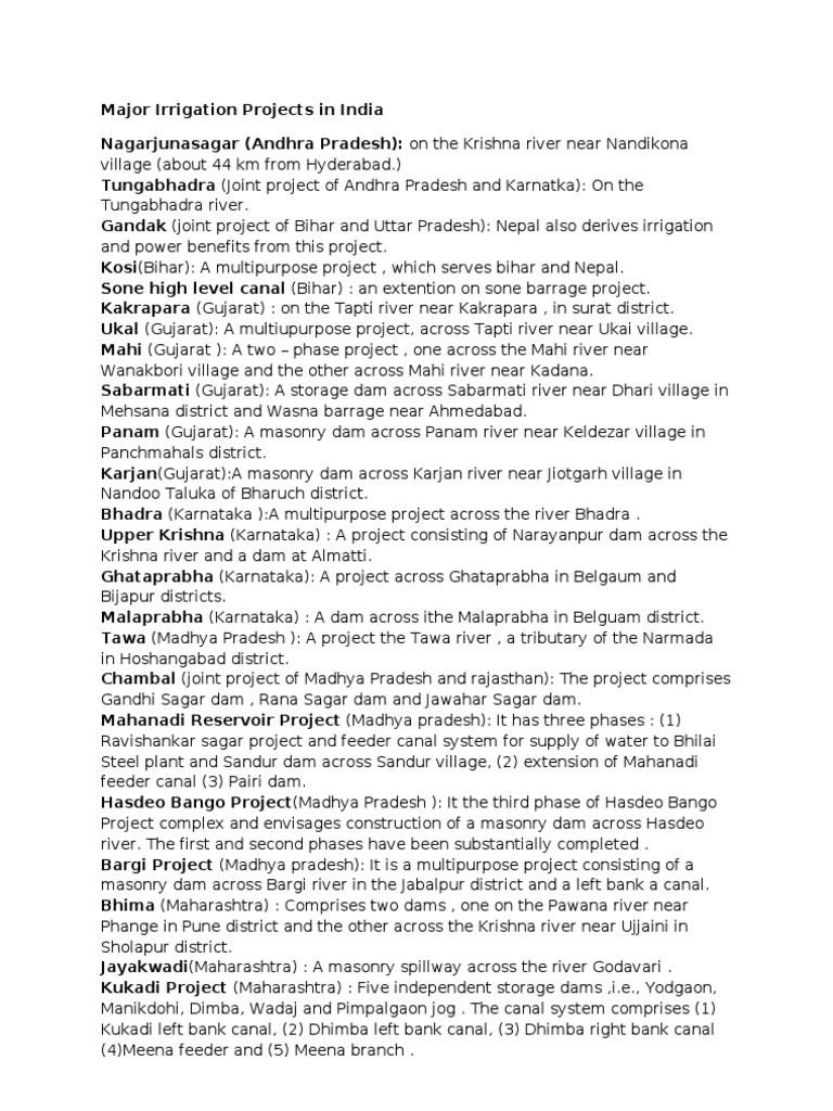 Major Irrigation Projects in India | PDF | Water And Politics | Environment