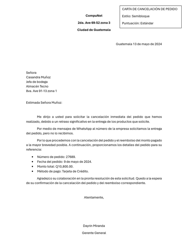 Carta de Cancelación de Pedido | PDF