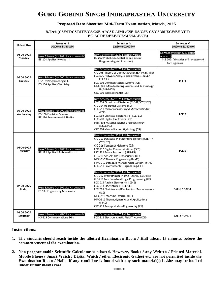 GGSIPU Mid-Term Exam Datesheet 2025 | PDF | Electronic Engineering ...