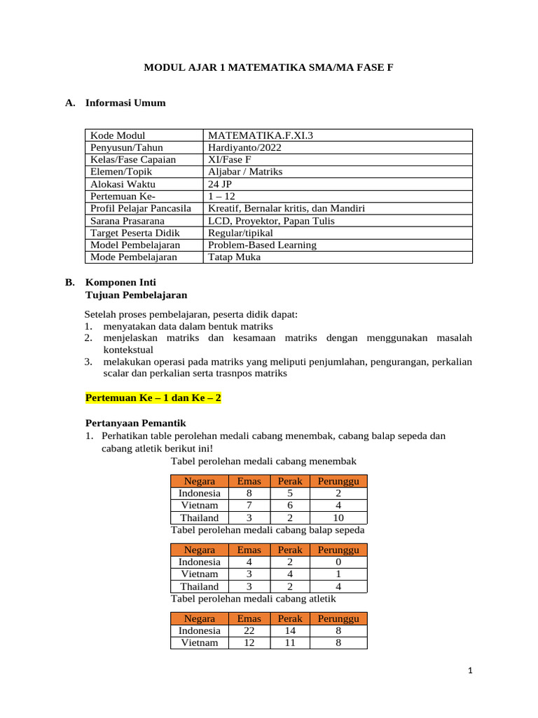 Modul Ajar Matematika: Matriks SMA XI | PDF