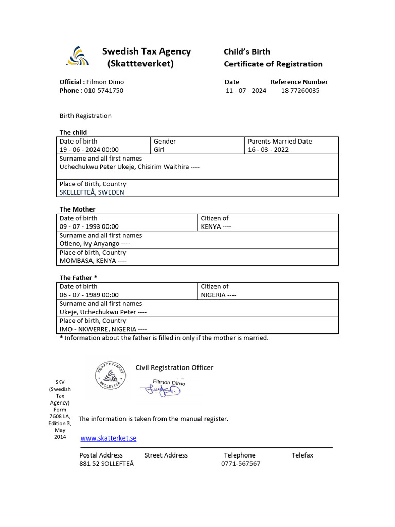 Child Birth Registration - Skattteverket | PDF | Birth Certificate ...