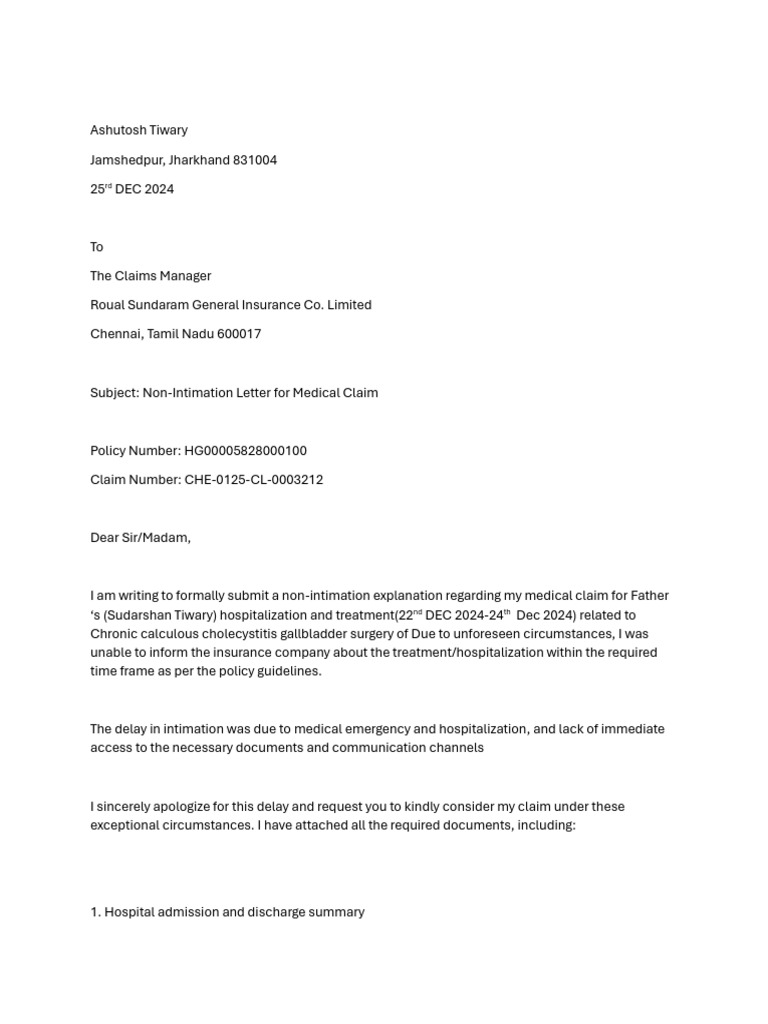 Non-Intimation Medical Claim Letter | PDF