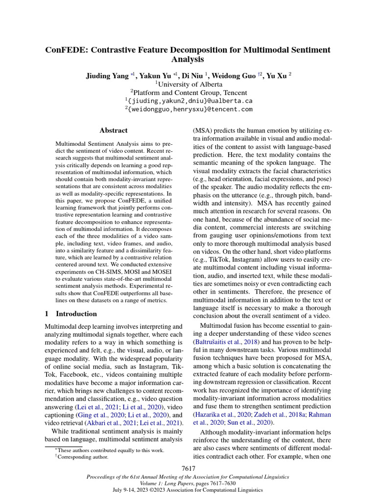 ConFEDE - Contrastive Feature Decomposition For Multimodal Sentiment ...