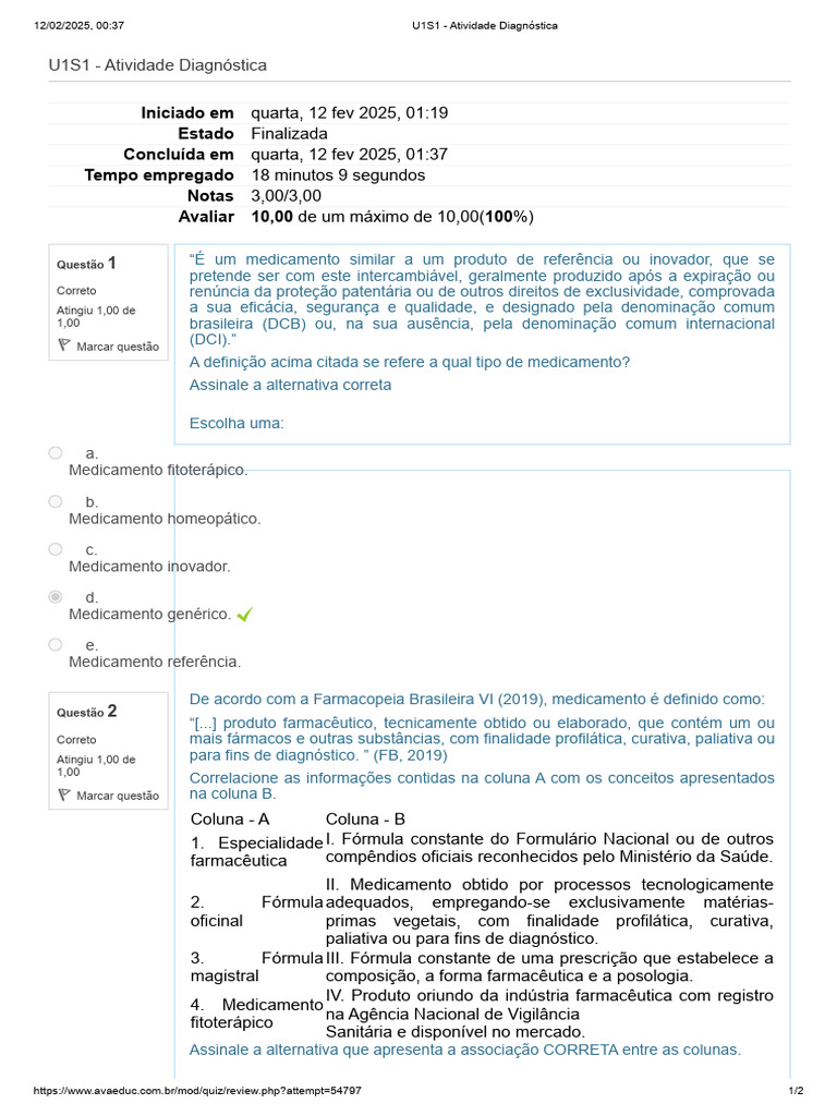 U1S1 - Atividade Diagnóstica | PDF | Farmácia | Ciências da Saúde